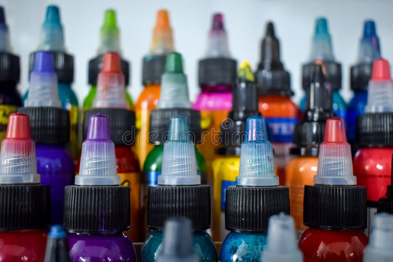 Close-up Shot of Rows of Colorful Tattoo Inks in Plastic Bottles Stock ...