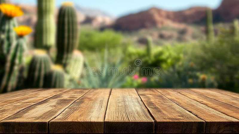 A Close-up Shot of a Rustic, Empty Wooden Table with the Sonoran Desert ...