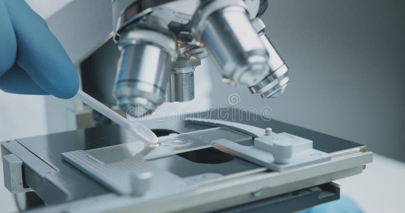 Close Up of Examining of Test Sample of Microchip Transistor Under the ...
