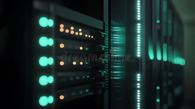 Close-up of Server Racks with Various Glowing Lights in a Dark Data ...