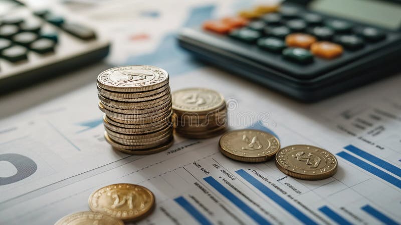 Stack of Euro Coins on Financial Documents with a Calculator Stock ...