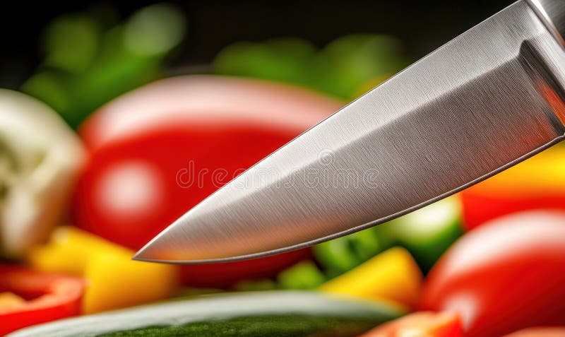 A Gleaming Knife Blade Hovers Above Colorful Vegetables, Ready To Slice ...
