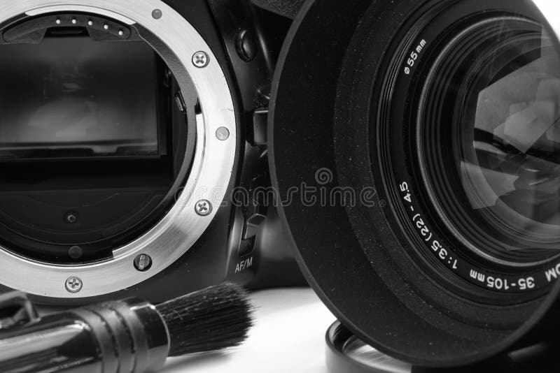 Close Up Shot of a Shiny Camera and Lens - DSLR Monochrome Stock Photo ...