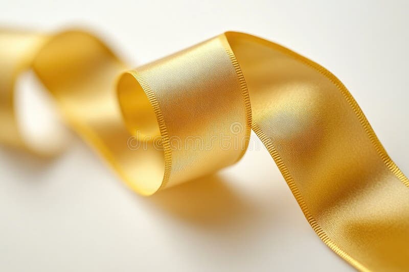 A Close-up Shot of a Shiny Gold Ribbon Lying Flat on a White Surface ...