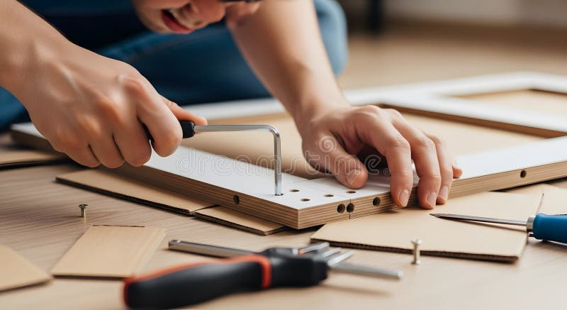DIY Furniture Assembly: a Person Assembling Wooden Furniture with Hand ...