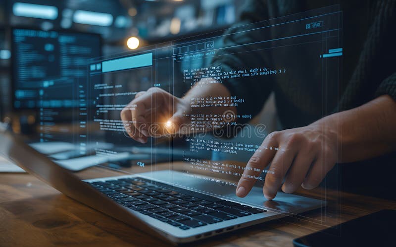 Programmer S Hands Interacting with Holographic Code on a Laptop Screen, AI-generated Stock ...