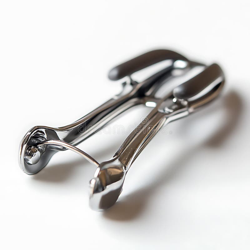 A Shiny, Chrome Metal Kitchen Tool with Black Grips Sits on a White ...