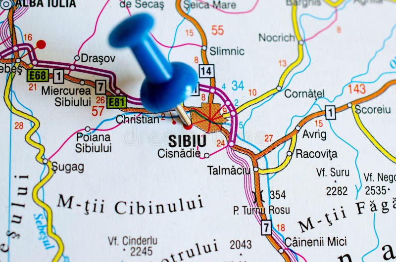 Sibiu on map stock image. Image of shot, atlas, destination - 122929711