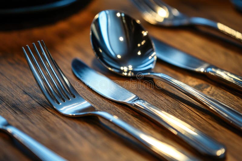 Close-up Shot of Silverware on a Wooden Table Stock Photo - Image of ...