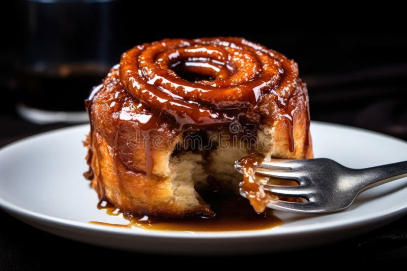 Close-up Shot of a Single Cinnamon Bun with a Fork Stock Image - Image ...