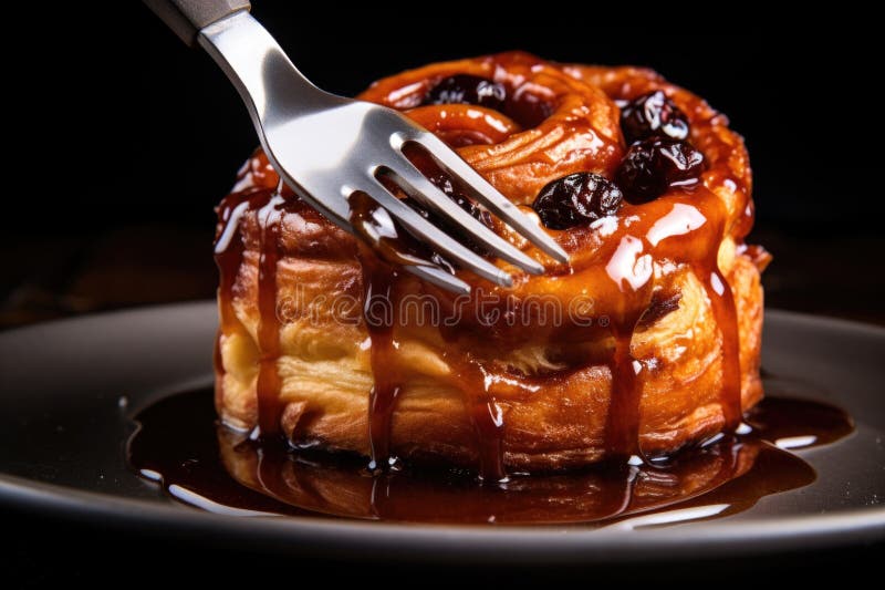 Close-up Shot of a Single Cinnamon Bun with a Fork Stock Photo - Image ...