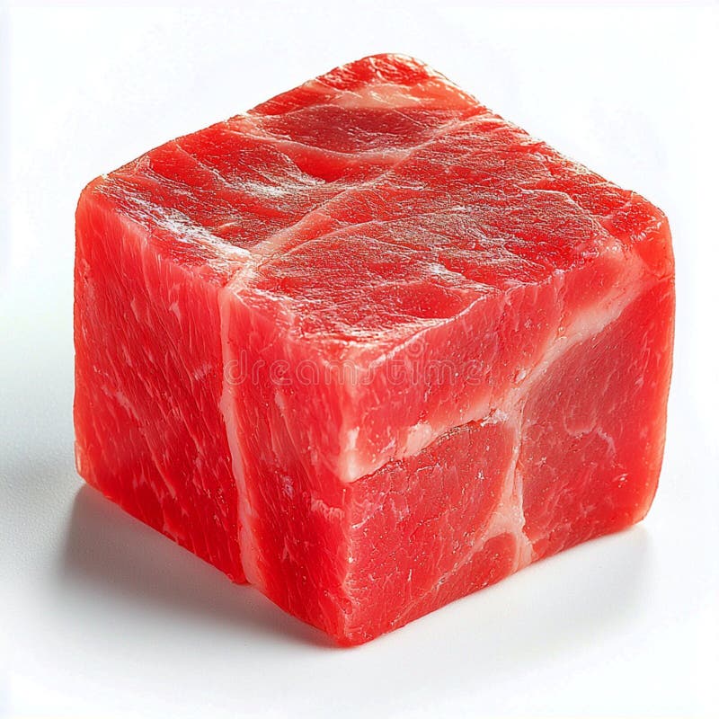 A Single Cube of Raw Red Meat with Visible Marbling Sitting on a White ...