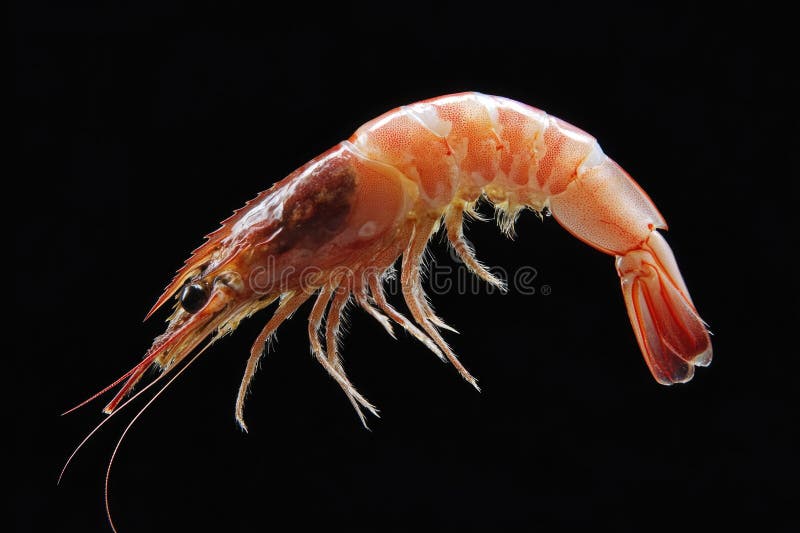 A Close-up Shot of a Single Shrimp Sitting on a Black Surface Stock ...