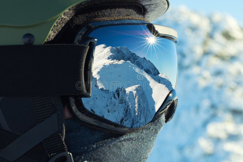 Ski Goggles with Reflection of Mountains Stock Photo - Image of object ...