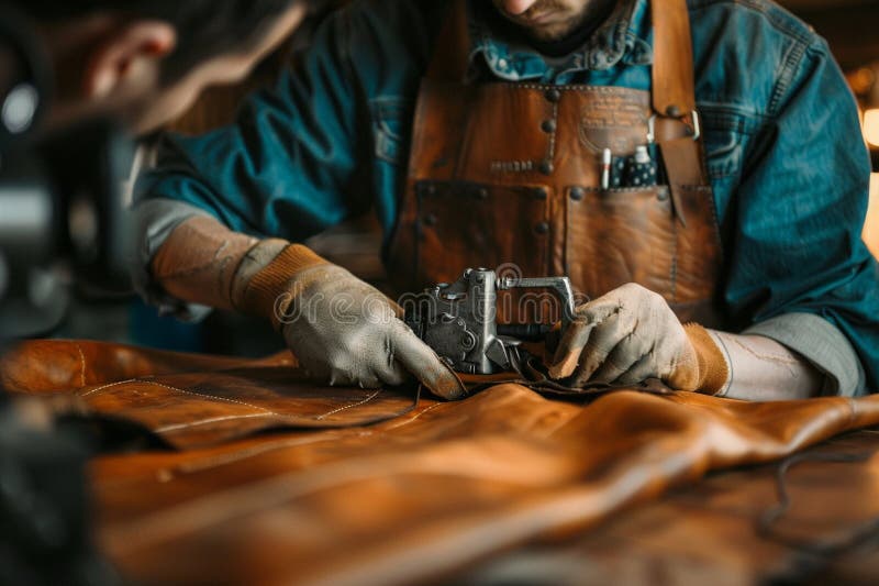 Skilled Craftsmanship Leatherworker Meticulously Crafting a Leather ...