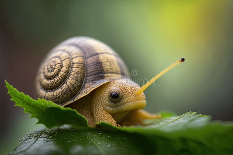 Close-up Shot of a Snail Crawling on a Green Leaf. Generated by AI ...