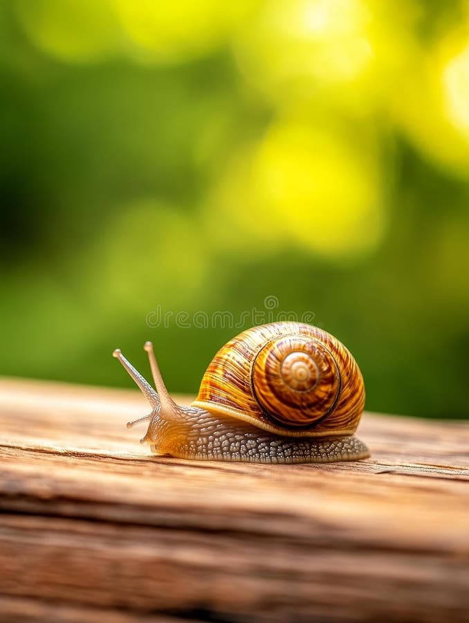 A Closeup Shot of a Snail Crawling on a Wooden Surface with a Blurred ...