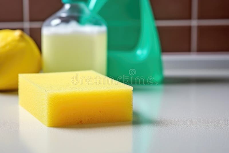 Close-up Shot of a Sponge and Detergent on a Glossy Kitchen Surface ...