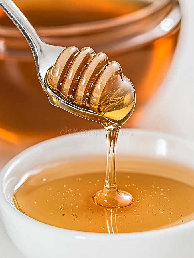 A Close Up Shot of a Spoon with Dripping Golden Liquid into a Bowl of ...