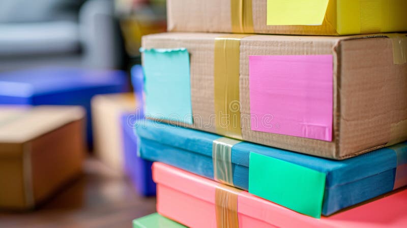 A Close-up Shot of a Stack of Colorful Moving Labels, Ready To Be Used ...