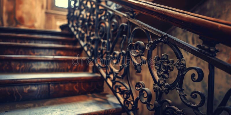 A Close-up Shot of a Staircase with Wooden Steps and a Railing Stock ...