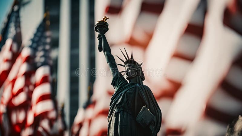 Statue of Liberty with American Flags in Background Stock Video - Video ...