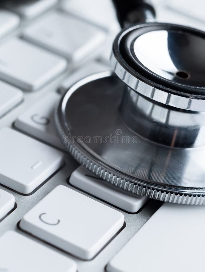 Laptop and Stethoscope on Light Grey Table, Space for Text. Concept of ...