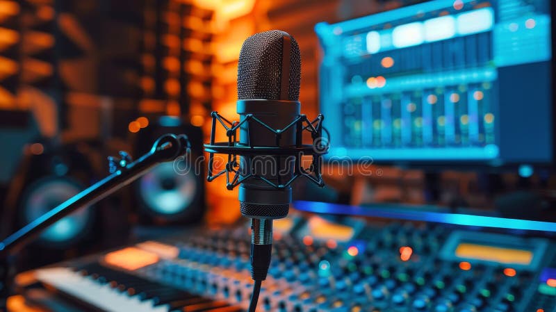 Studio Recording Setup with Microphone, Keyboard, and Audio Mixer Stock ...