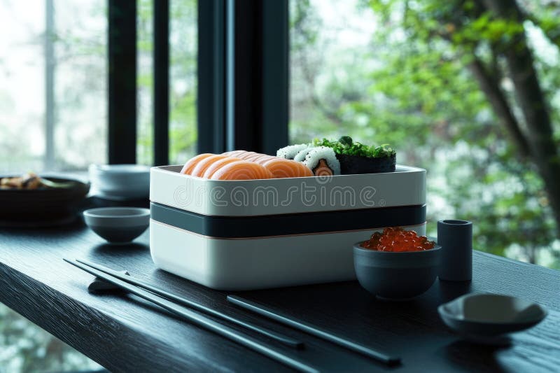 A Close-up Shot of a Sushi Box on a Table with Chopsticks and a Bowl of ...