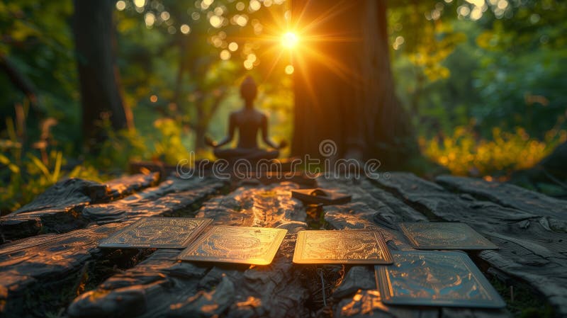 Tarot Cards Spread on Tree Root in Forest with Buddha Statue at Sunset ...