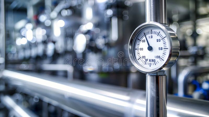 A Close-up Shot of a Temperature Sensor Gauge Mounted on a Pipe in a ...