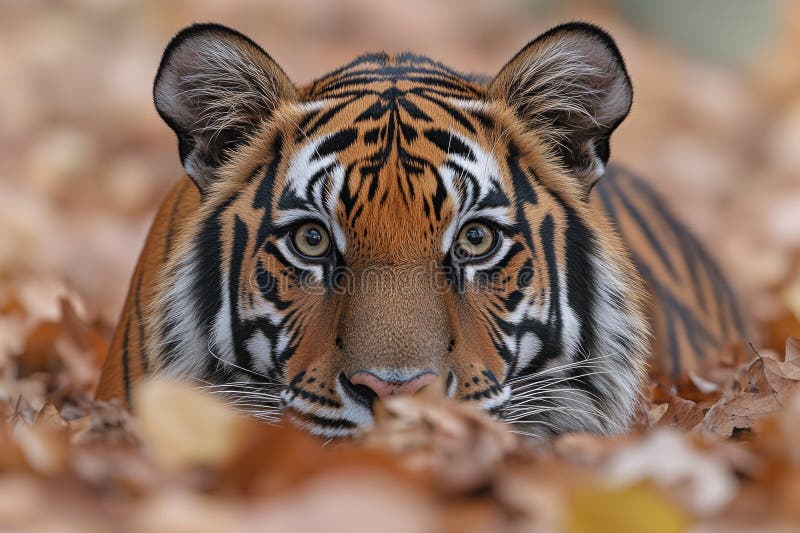 A Close-up Shot of a Tiger Relaxing in a Bed of Leaves Stock Photo ...