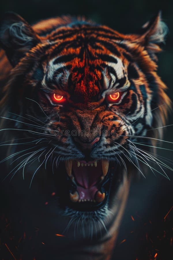 A Close-up Shot of a Tiger S Face with Bright Red Eyes Stock Photo ...