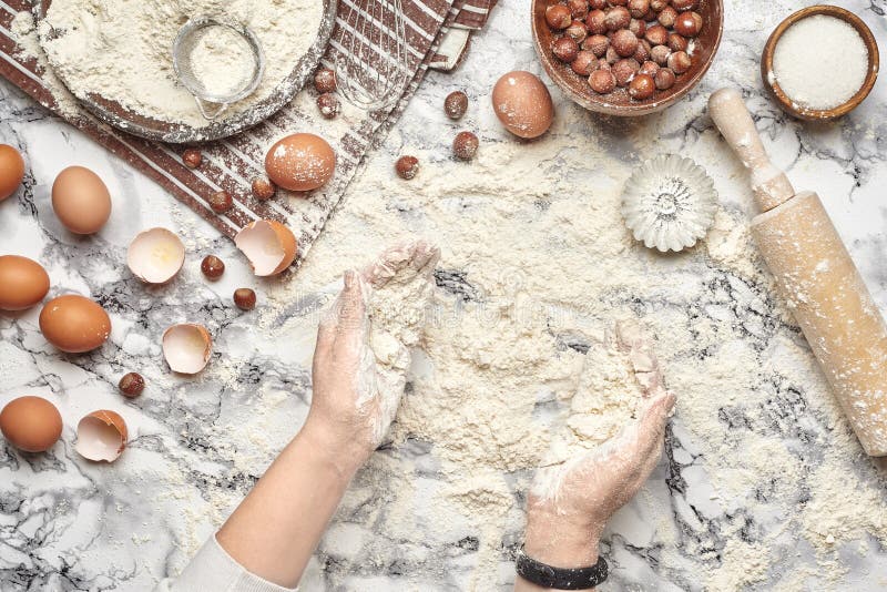 Close-up Shot. Top View of a Baker Cook Place, Hands are Working with a ...