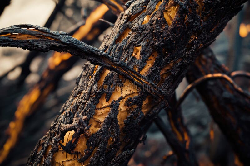 A Close-up Shot of a Tree Trunk with Charred and Cracked Bark, Likely ...
