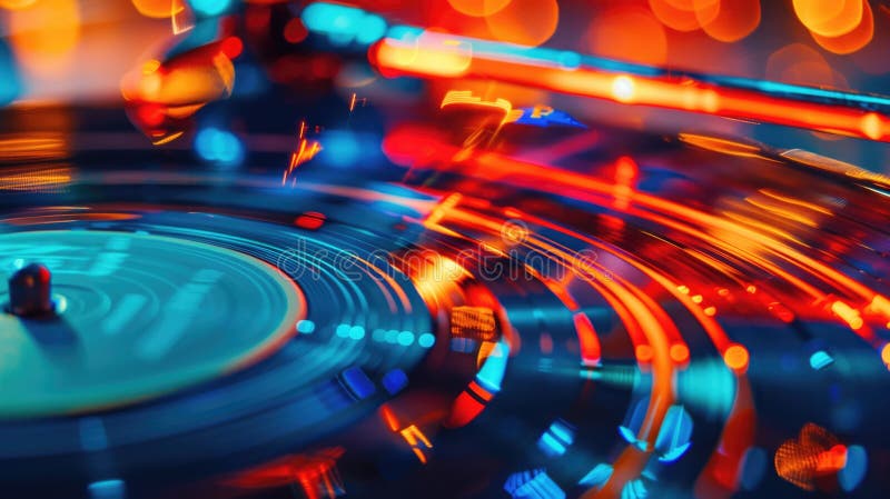 A Close-up Shot of a Turntable with Colorful Lights in the Background ...