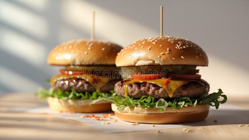A Close Up Shot of Two Burgers on a Table Stock Image - Image of ...