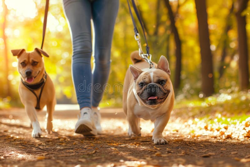 Close Up Shot of Two Dogs on Leashes Walking with Owner Stock ...