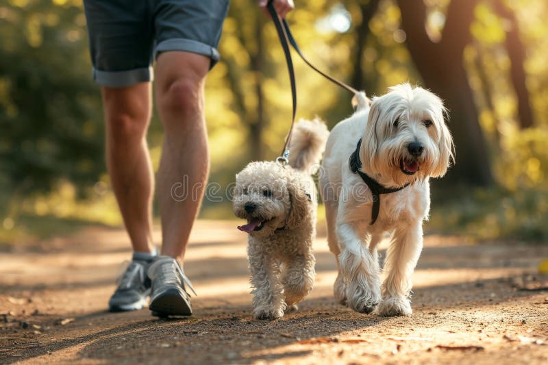 Close Up Shot of Two Dogs on Leashes Walking with Owner Stock ...