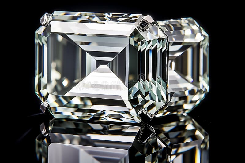 Close-up Shot of Two Sparkling Emerald-cut Diamonds on Black Reflective ...