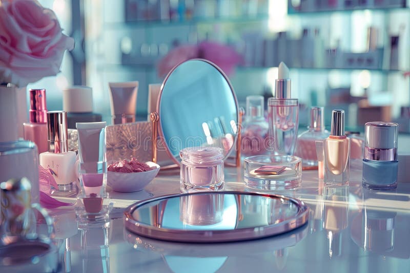 A Close-up Shot of a Vanity Table with a Tabletop Mirror and Various ...