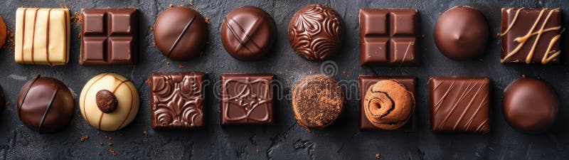 Assorted Chocolate Candies Arranged in a Row on a Dark Surface Stock ...