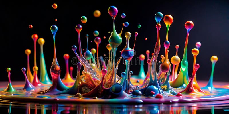 A Close Up Shot of Vibrant Paint Droplets Suspended in a Black Liquid ...