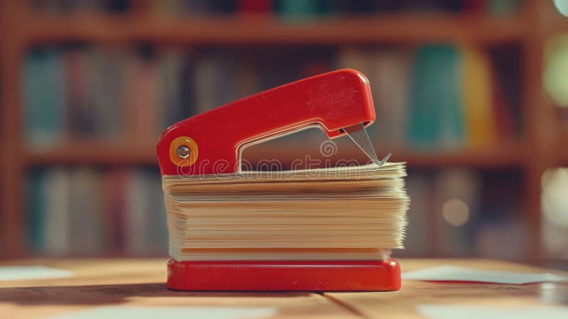 Red Corner Stapler on a Stack of Cards Against a Blurred Bookshelf ...