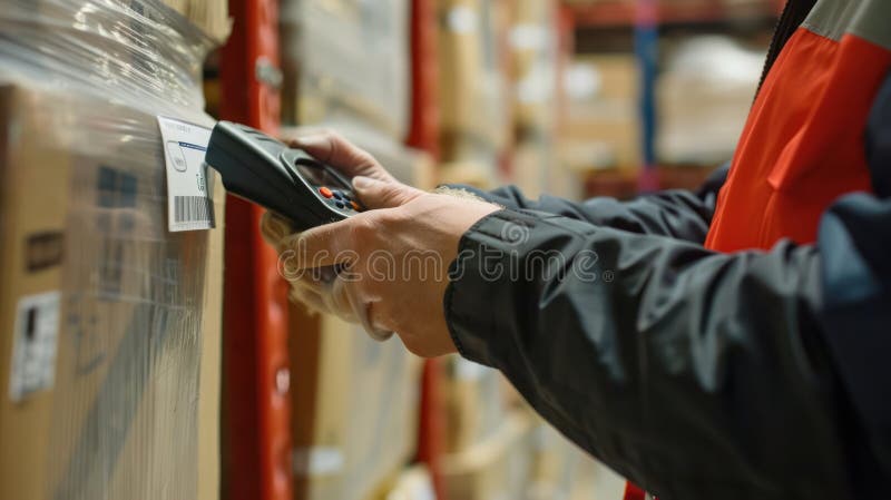 A Close-up Shot of a Warehouse Worker Using a Handheld Barcode Stock ...