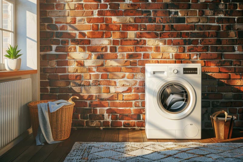 A Close-up Shot of a Washing Machine Placed in Front of a Brick Wall ...