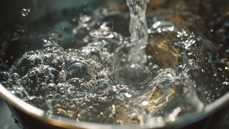A Close-up Shot of Water Flowing into a Ceramic Pot, with the Sound ...