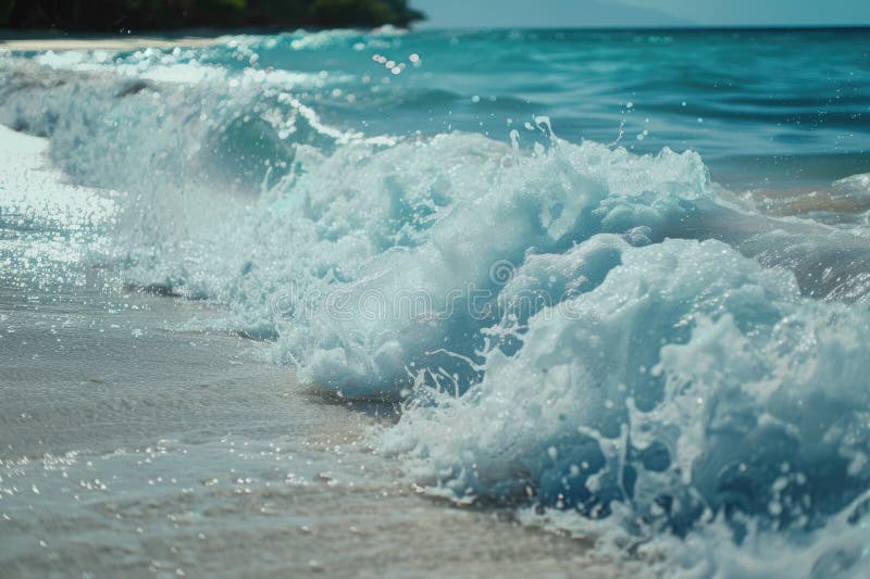 A Close-up Shot of a Wave Breaking on the Beach, with Water and Sand in ...