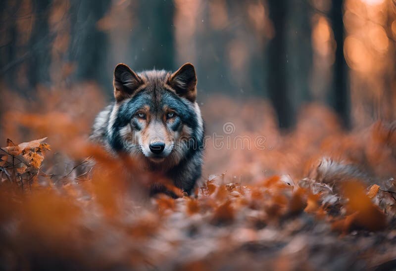 Close-up Shot of a Wolf in a Forest with Autumn Leaves Stock ...