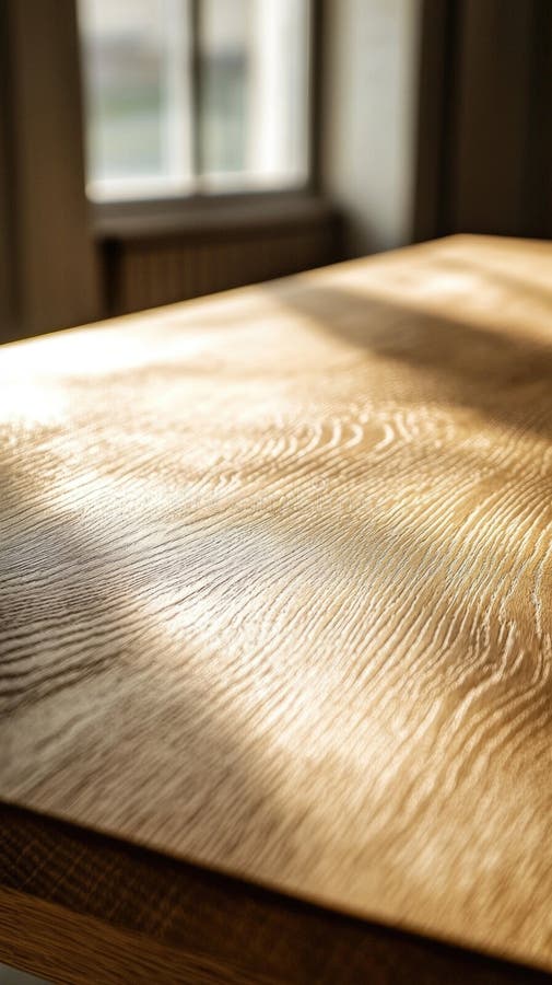 A Close-up Shot of a Wooden Table with a Window in the Background ...